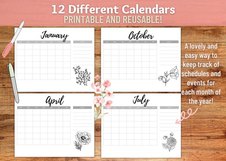 Blank Floral Monthly Calendar / Flower Perpetual Calendar / Classroom ...