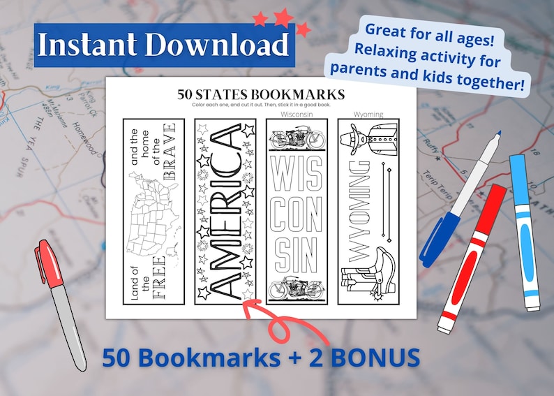 50 States Printable Bookmarks / 4th of July Coloring Pages ...