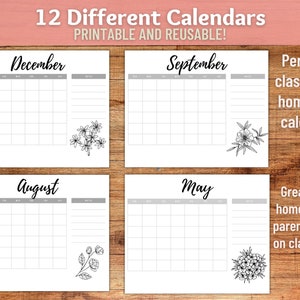 Blank Floral Monthly Calendar / Flower Perpetual Calendar / Classroom ...