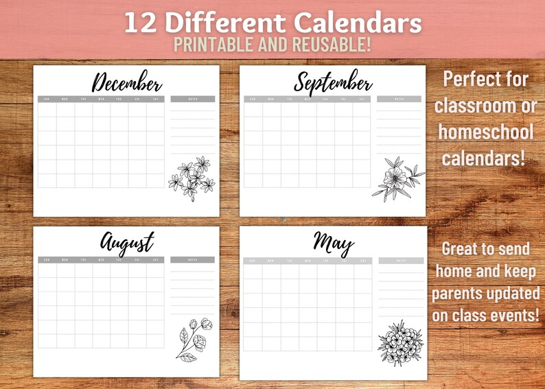 Blank Floral Monthly Calendar / Flower Perpetual Calendar / Classroom ...