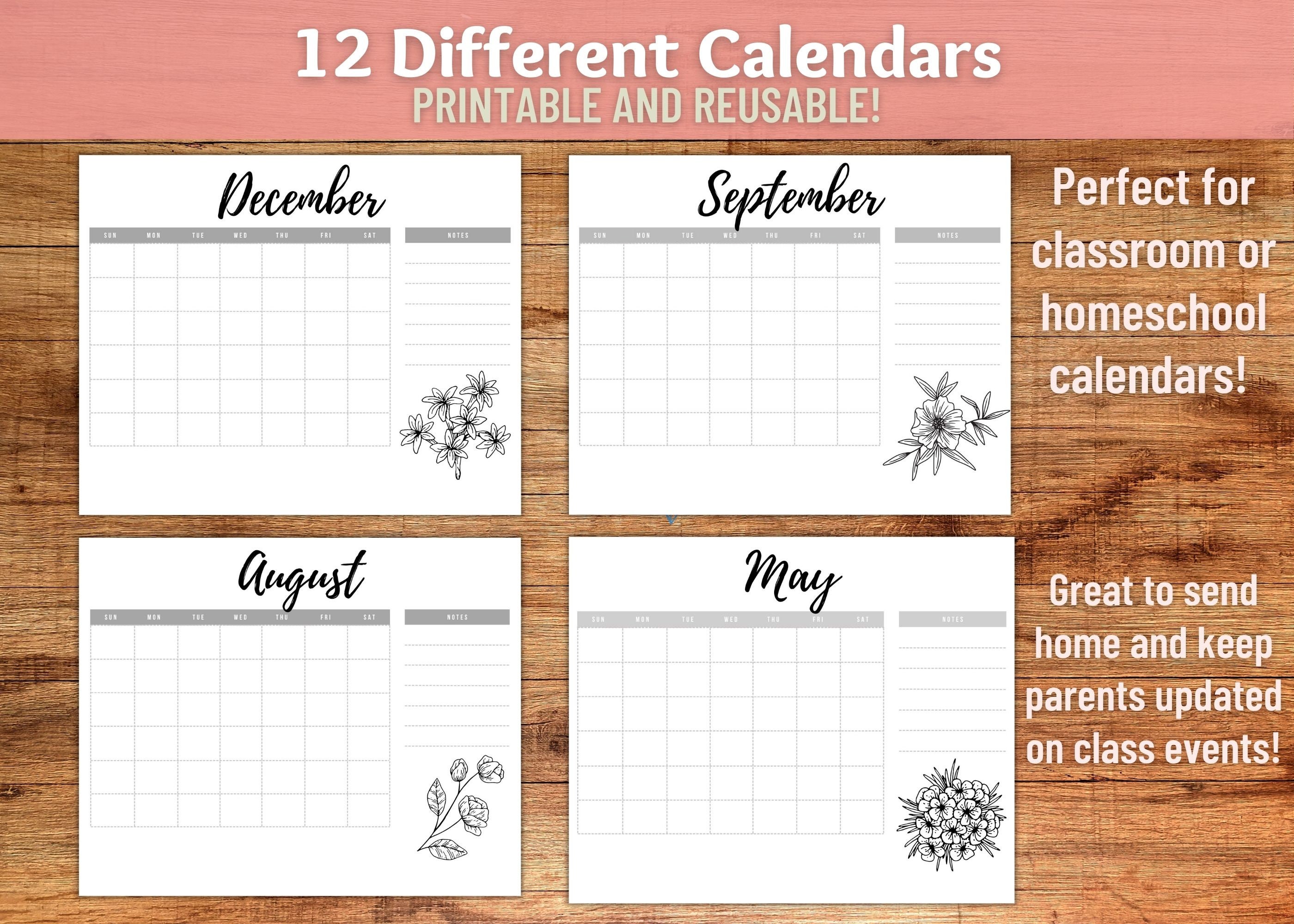 Blank Floral Monthly Calendar / Flower Perpetual Calendar / Classroom ...
