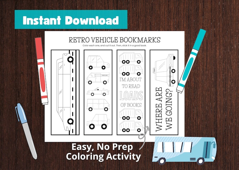 Retro Vehicle Printable Bookmarks / Car Coloring Pages / Trucks ...