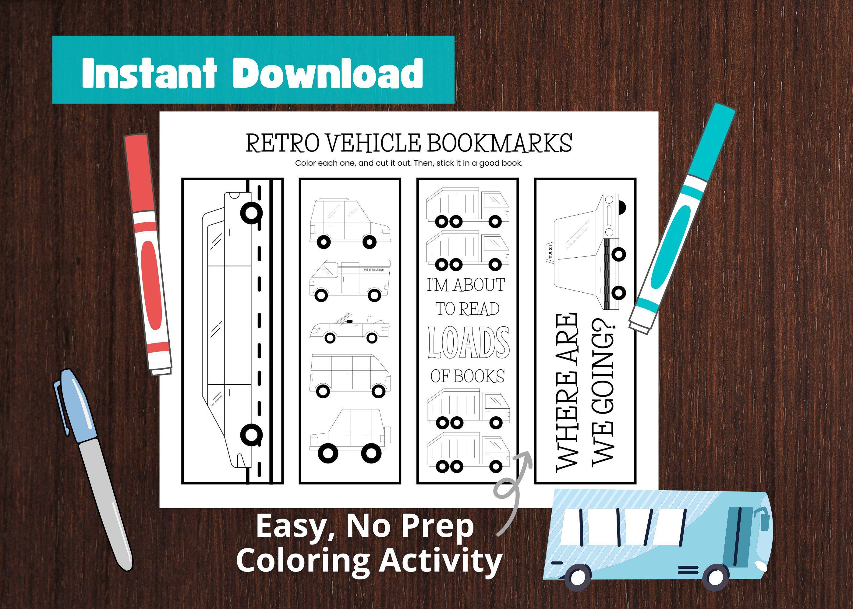 Retro Vehicle Printable Bookmarks / Car Coloring Pages / Trucks ...