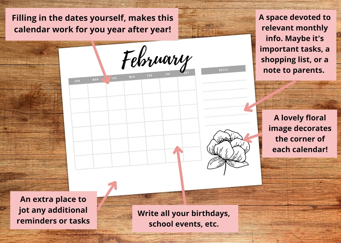 Blank Floral Monthly Calendar / Flower Perpetual Calendar / Classroom ...