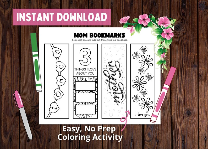 Mom Printable Bookmarks / Mothers Day Coloring Pages / Mum Bookmark Set ...