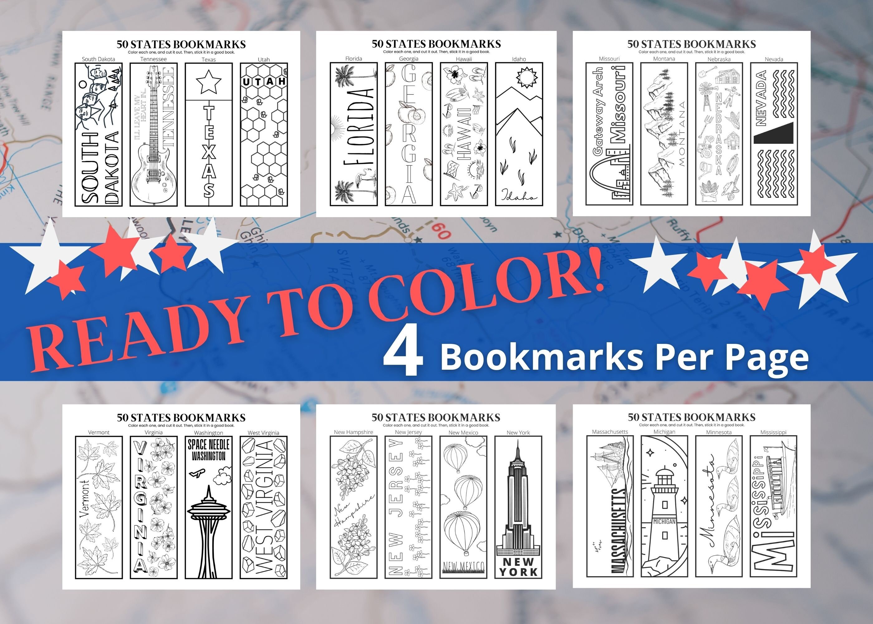 50 States Printable Bookmarks / 4th of July Coloring Pages ...