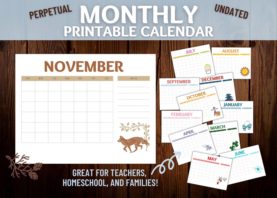 Blank Monthly Calendar / Classroom Printable Calendar / Perpetual ...