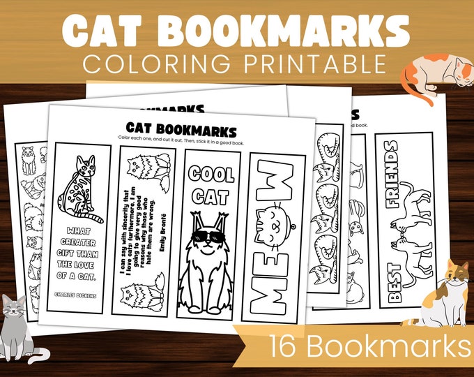 Cute Cat Coloring Bookmarks for Kids, Animal Coloring Bookmarks, Cute ...
