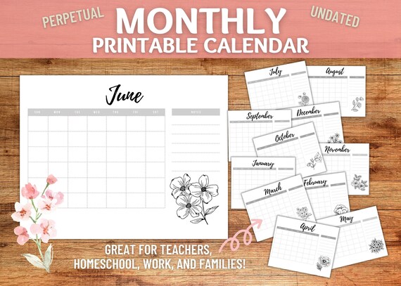 Blank Floral Monthly Calendar / Flower Perpetual Calendar / - Etsy