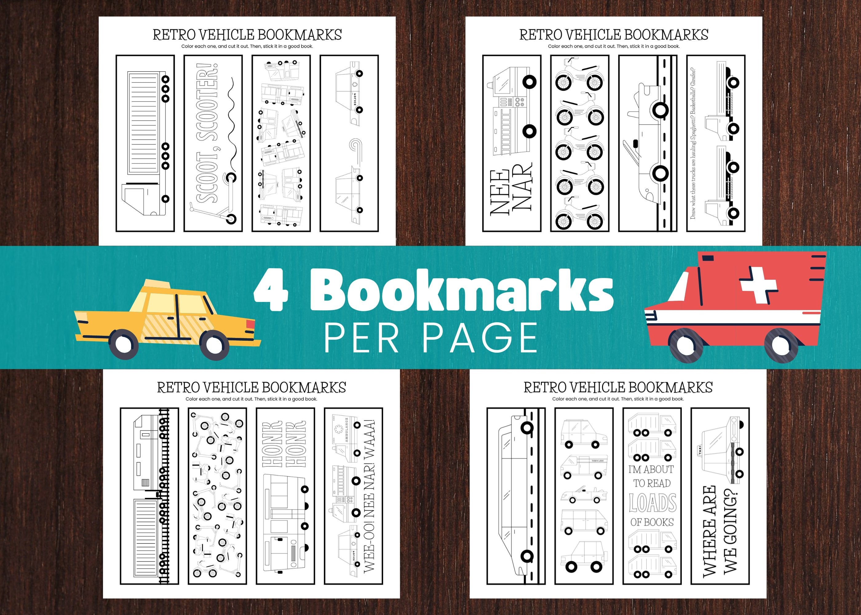 Retro Vehicle Printable Bookmarks / Car Coloring Pages / Trucks ...
