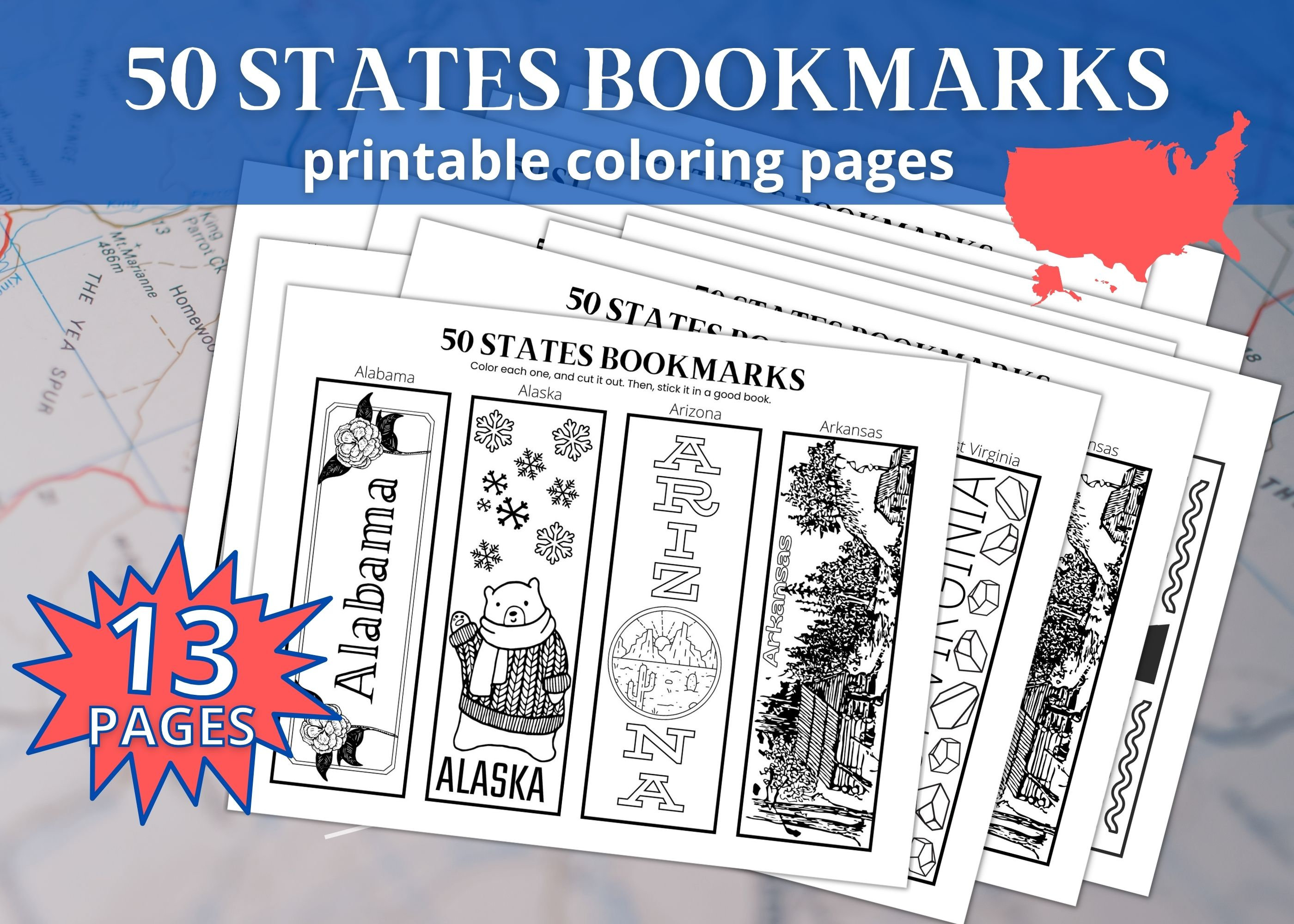 50 States Printable Bookmarks / 4th of July Coloring Pages ...