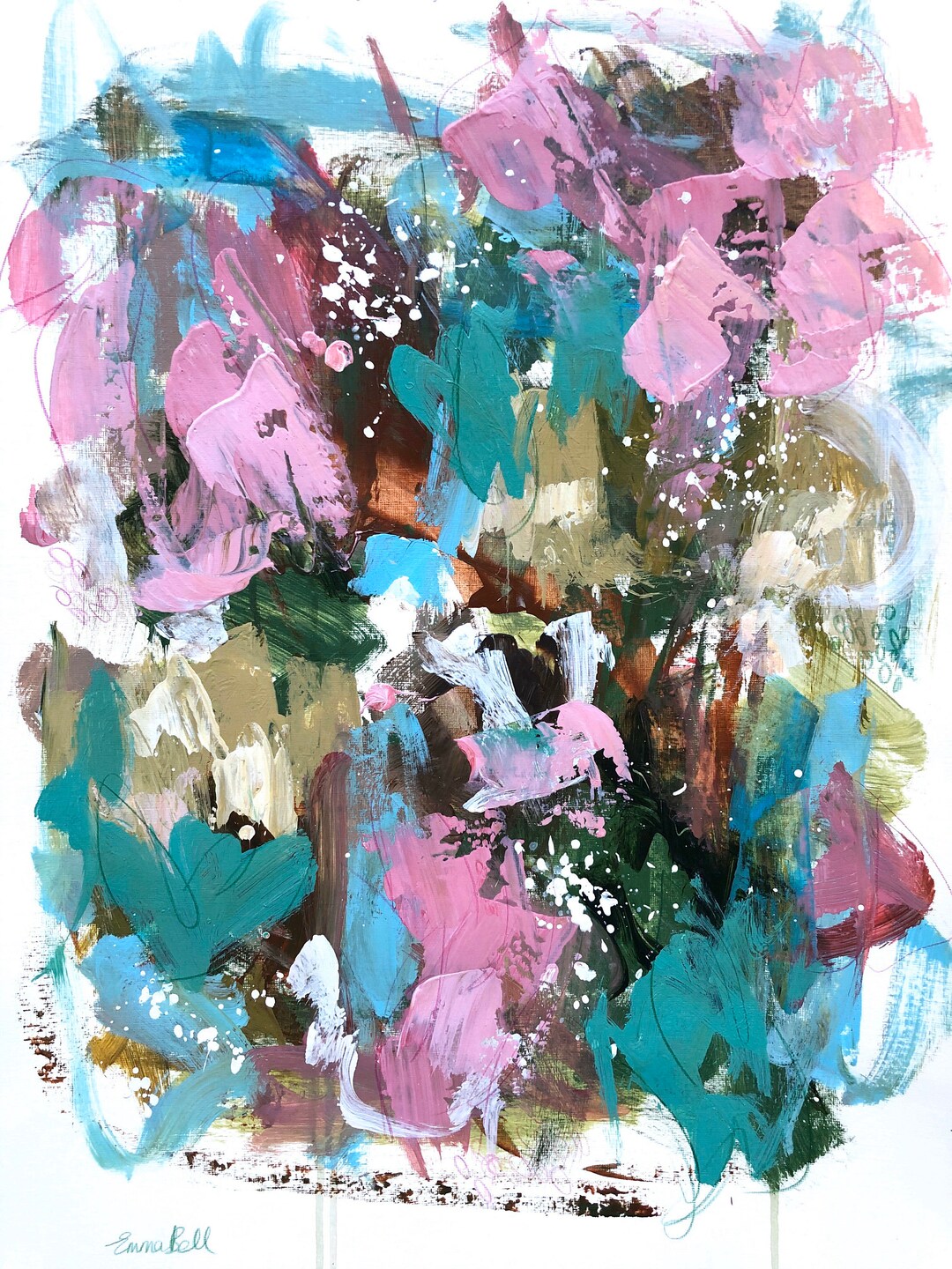 Pink and Aqua Floral Abstract, Abstract on Paper, Pink and Aqua Floral ...