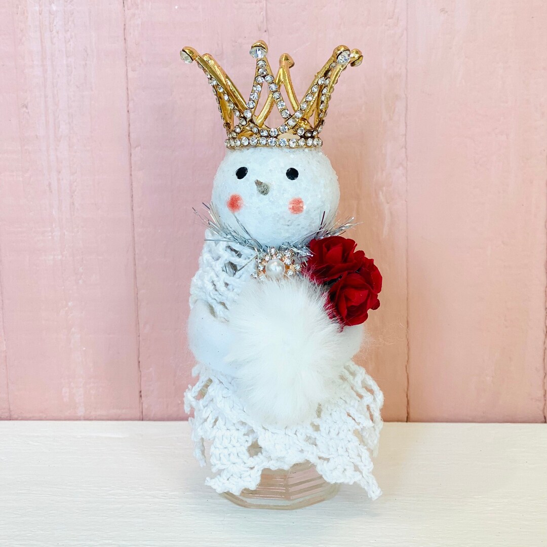 Salt Shaker Snowman With Gold and Rhinestone Crown Vintage Glass ...