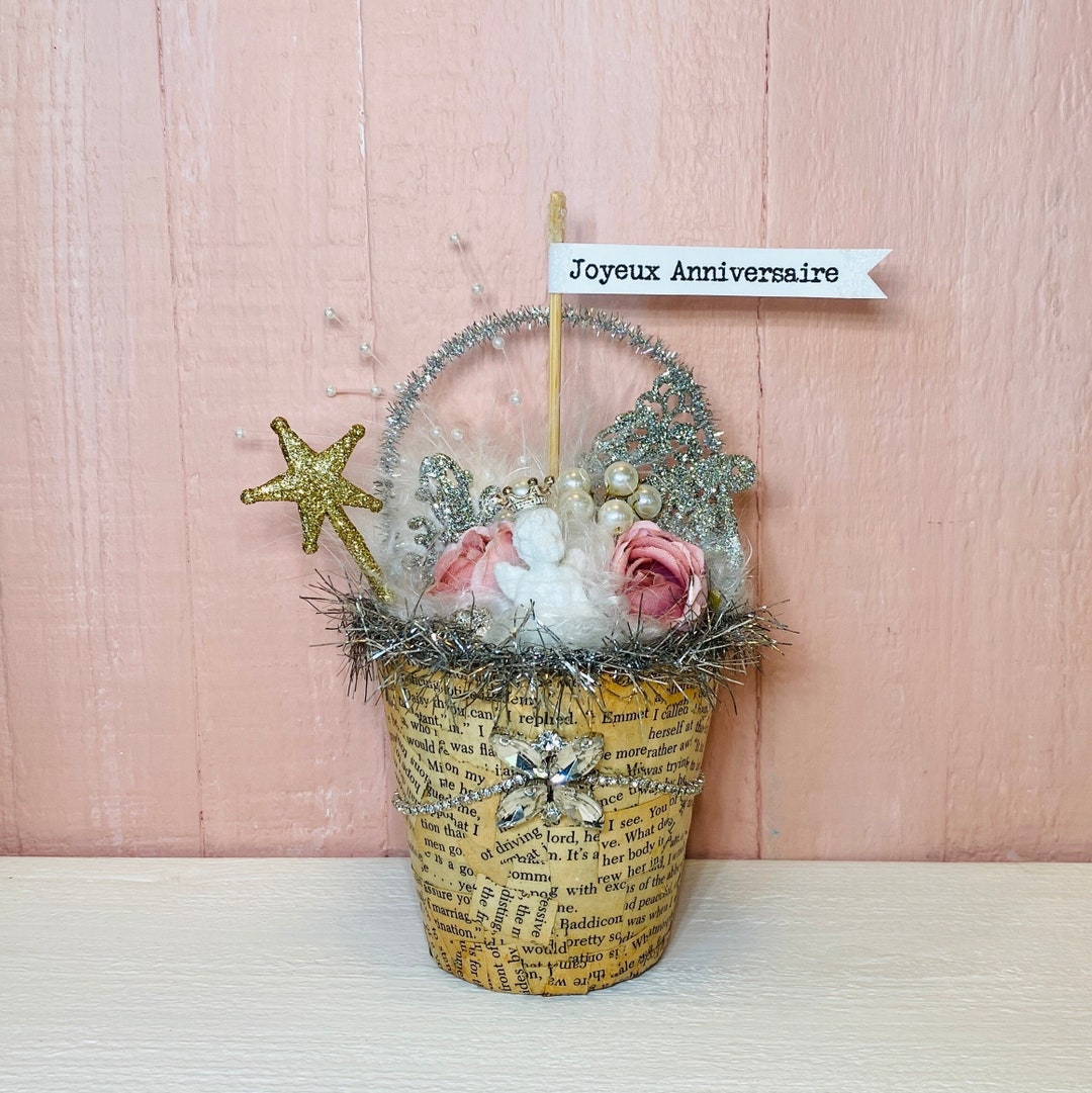 Altered Peat Pot Joyeux Anniversaire French Happy Birthday Vintage ...