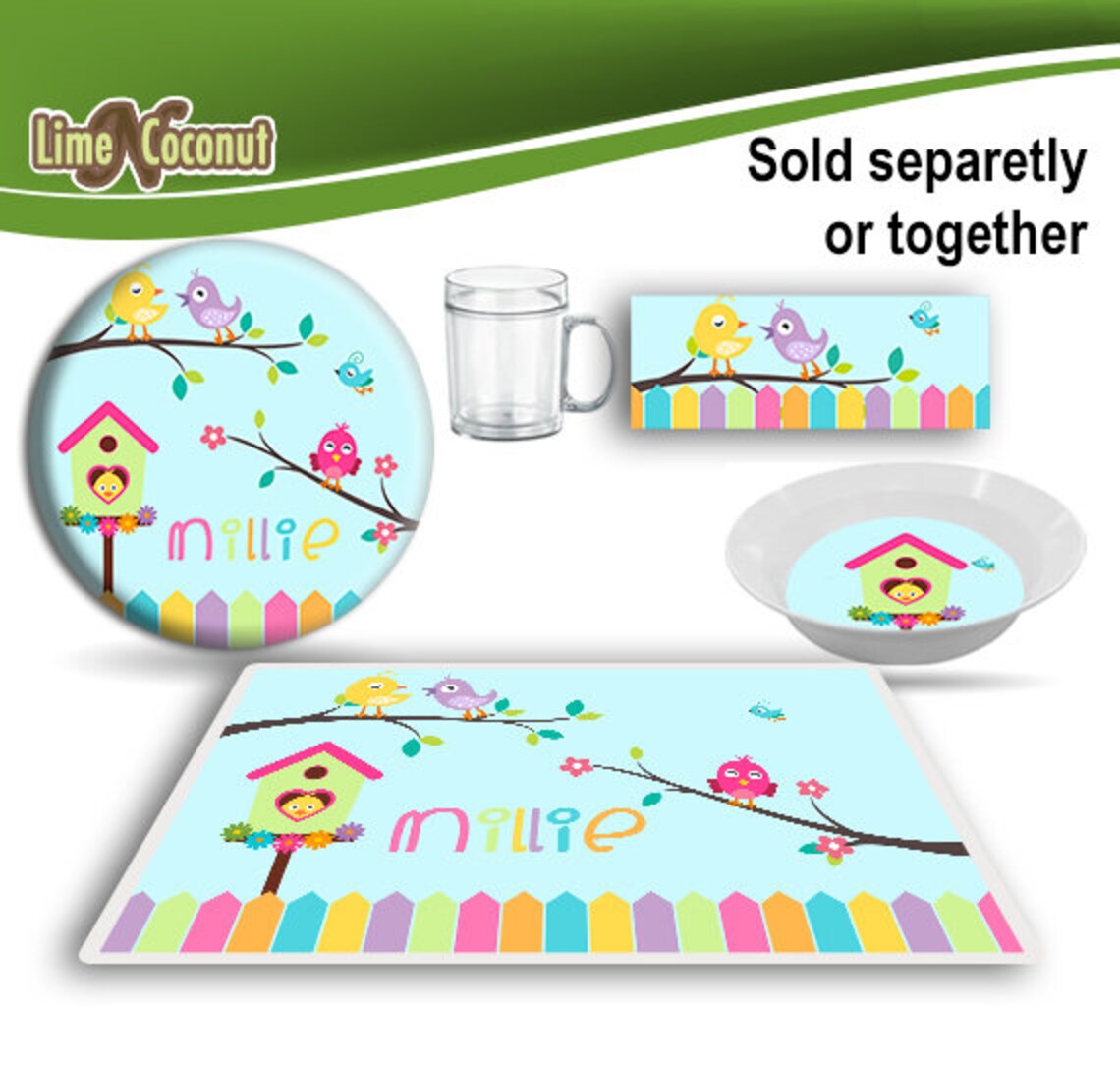 Birdhouse Dinnerware Set, Baby Name Dish Set, Melamine Bird House Plate ...