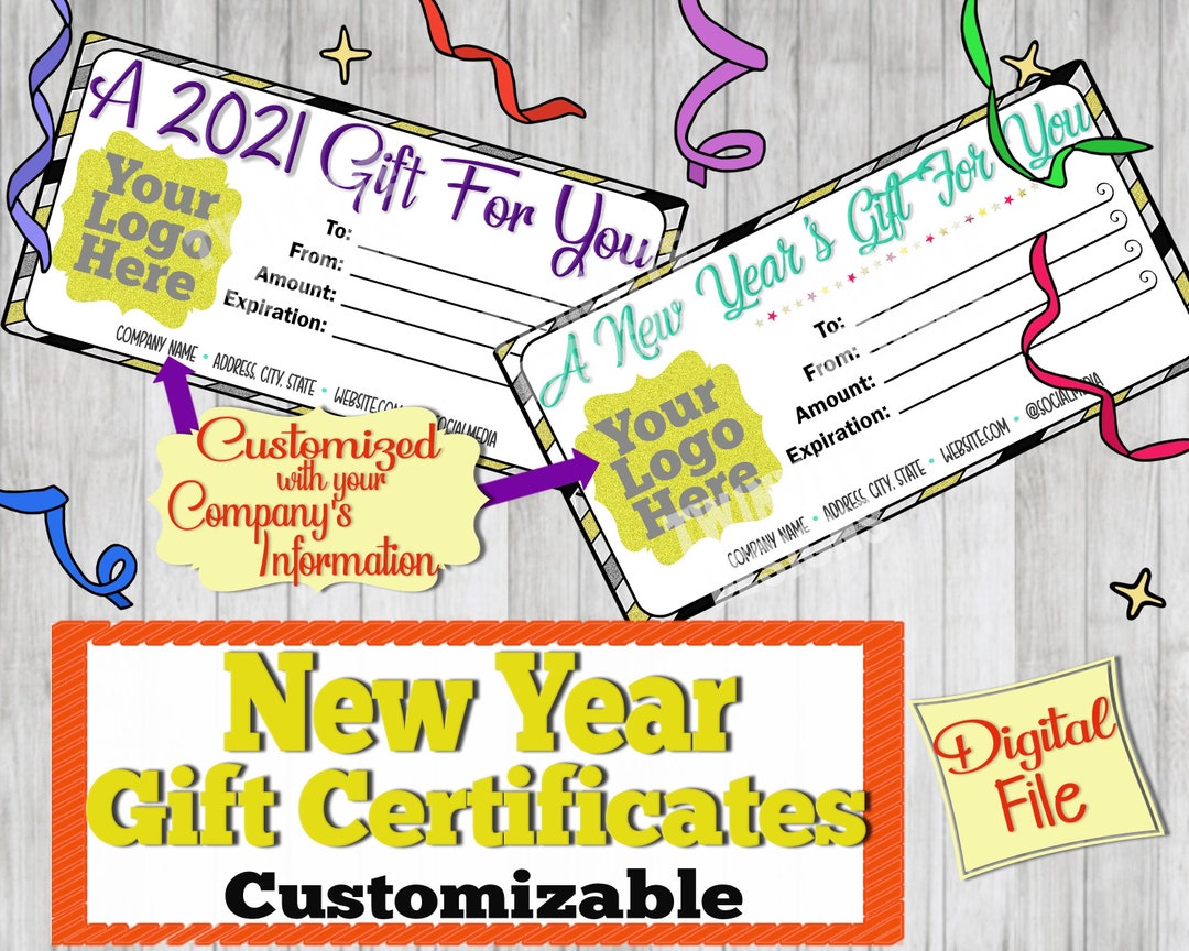 New Year Gift Certificate Customizable, Digital Gift Card With Company ...
