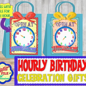 Hourly Birthday Celebration Bag Labels, Fun Bday Idea, Open a Gift ...
