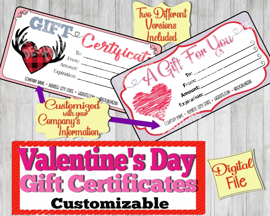 Valentines Day Gift Certificate Customizable, Blank Digital Gift Card ...