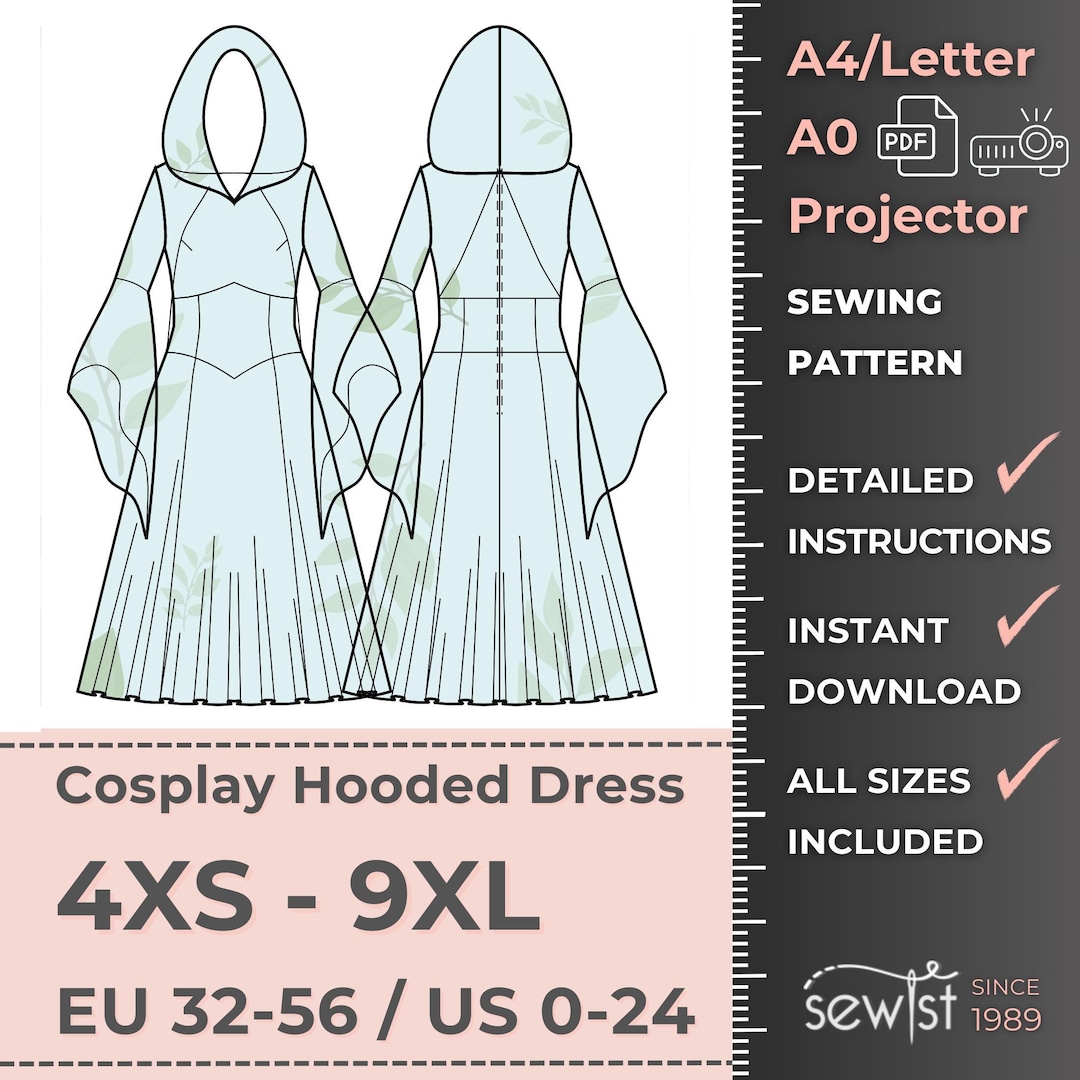 Cosplay Witch Dress With Hood, Women Dress Sewing Pattern,sizes 4XS-9XL ...
