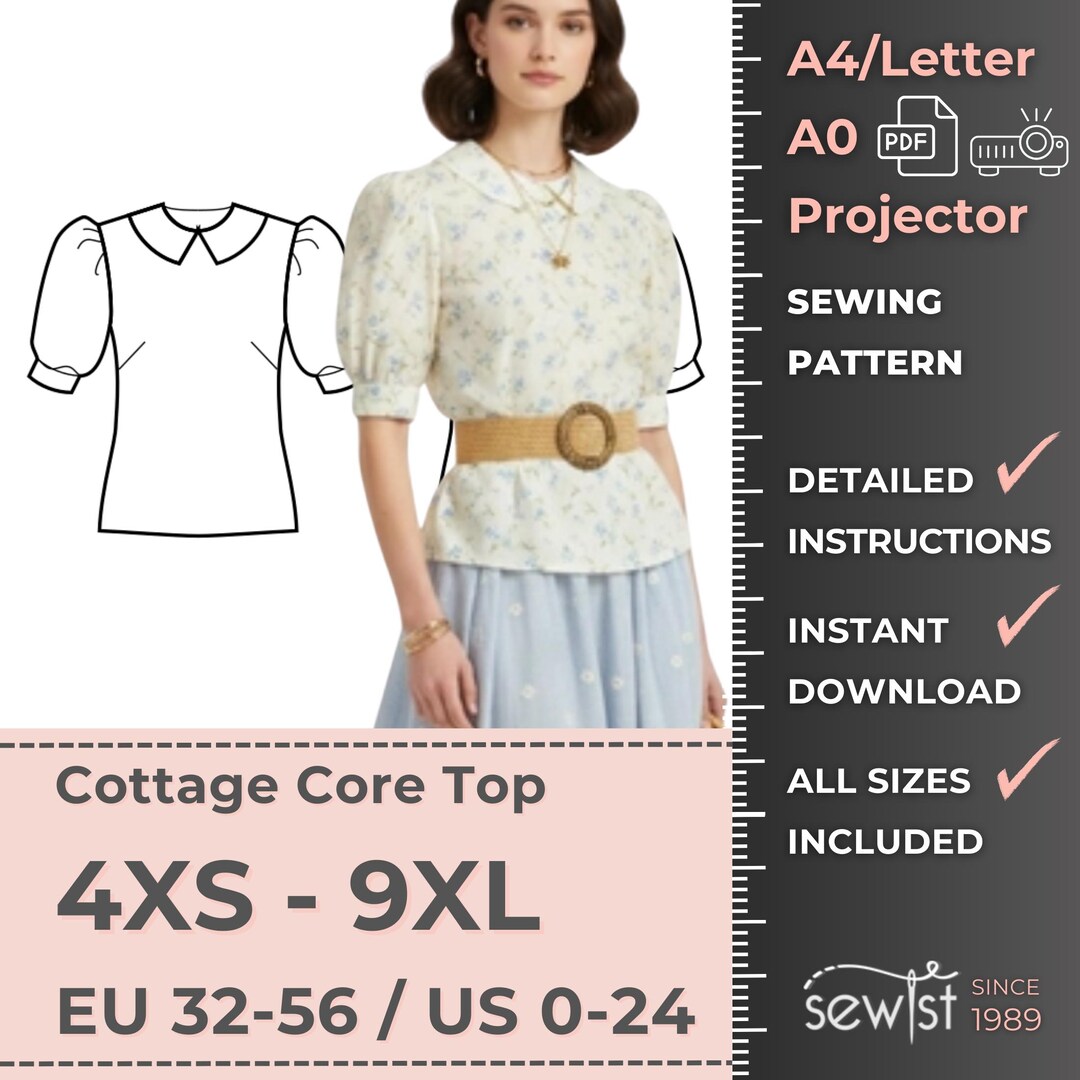 Cottage Core Top, Women Blouse Sewing Pattern,sizes 4XS-9XL Instant ...