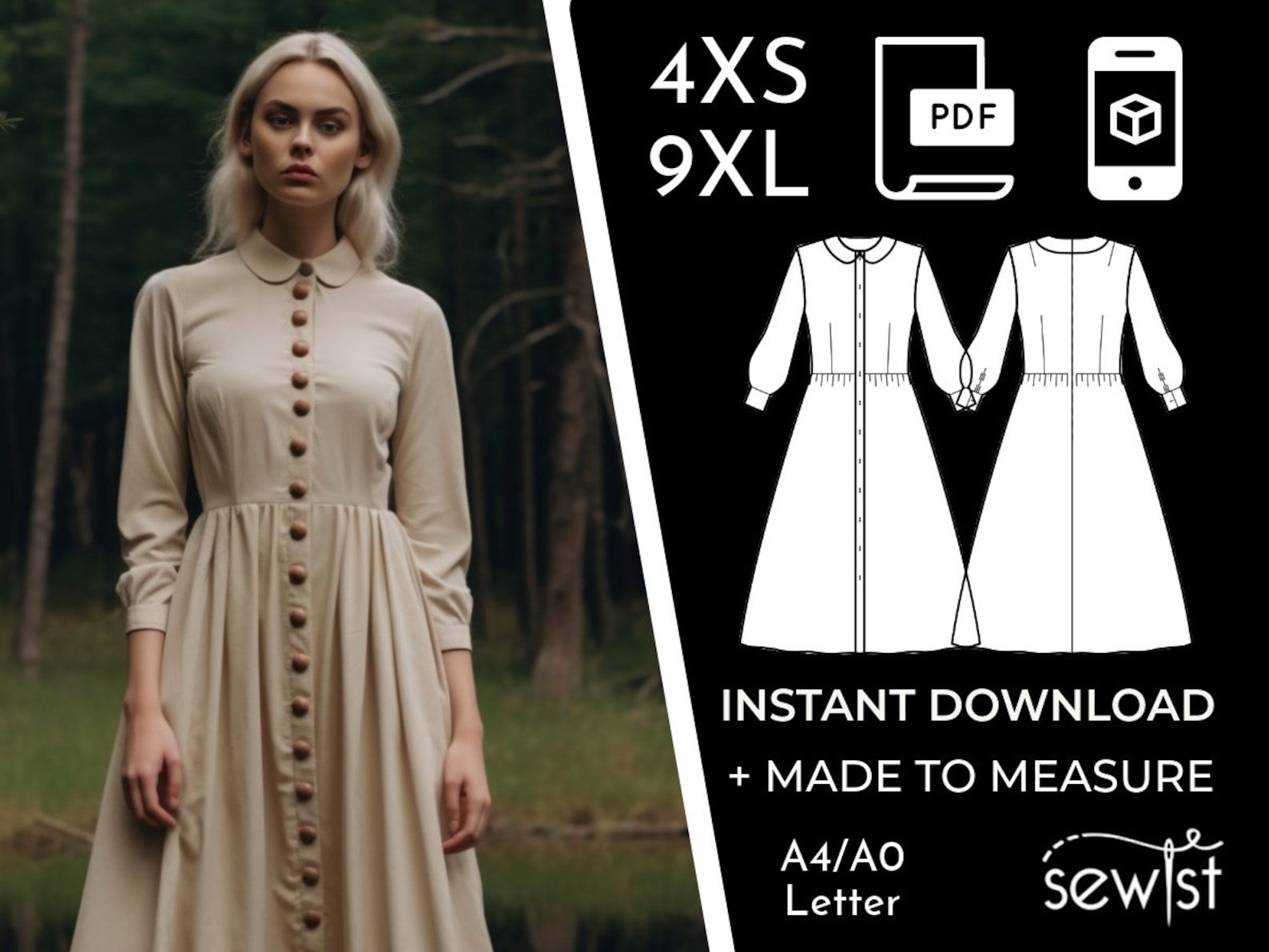 Women's Long Buttoned Dress Sewing Pattern PDF - 4xs-9xl/custom Size ...