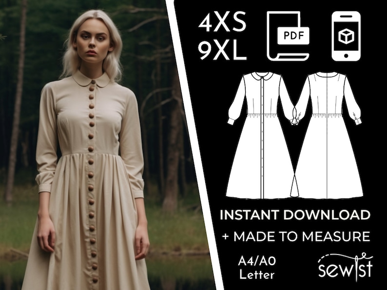 Women's Long Buttoned Dress Sewing Pattern PDF - 4xs-9xl/custom Size ...