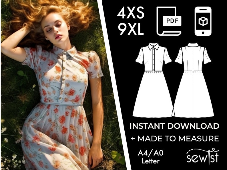 Women's Dress Sewing Pattern PDF - 4XS-9XL / Custom Size, A4/letter/a0 ...