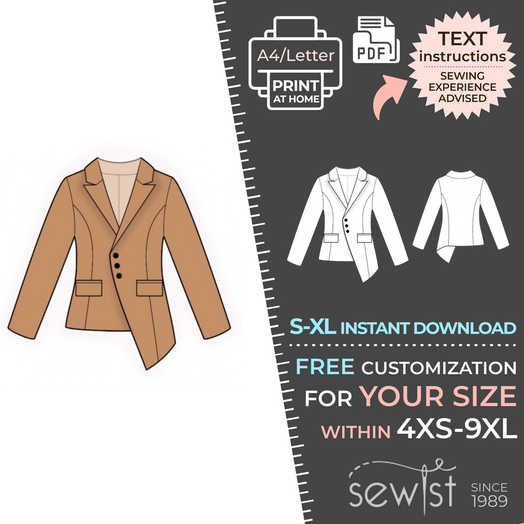 2243 Asymmetrical Jacket Women Sewing Pattern S-M-L-XL A4/letter PDF ...