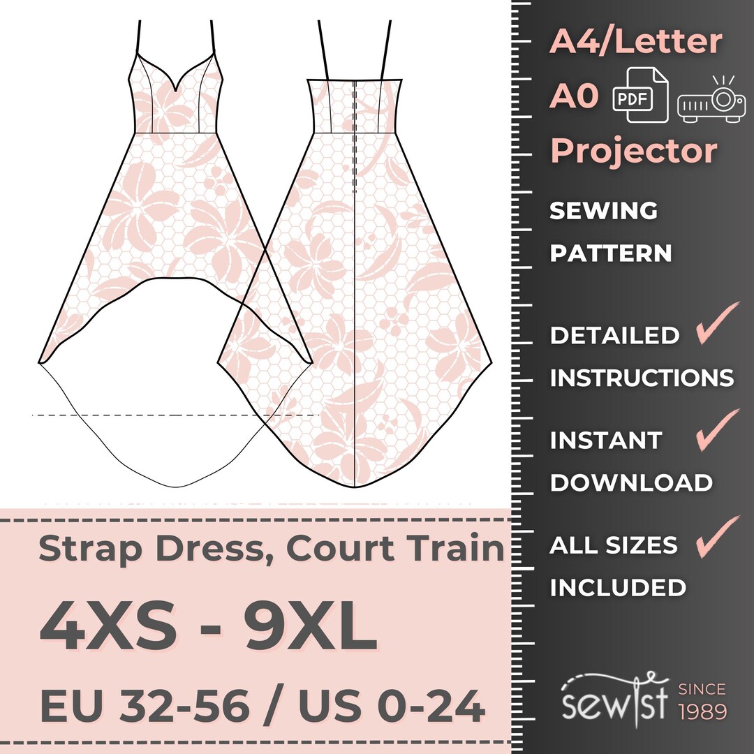 High-low Strap Dress Sewing Pattern With Court Train (PDF Instant ...