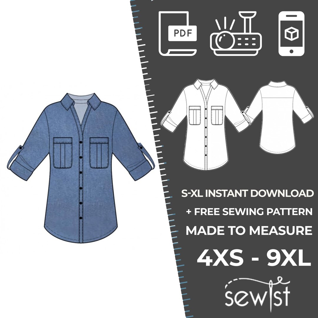 2391 Denim Shirt Sewing Pattern PDF Download, S-M-L-XL or Free Made to ...