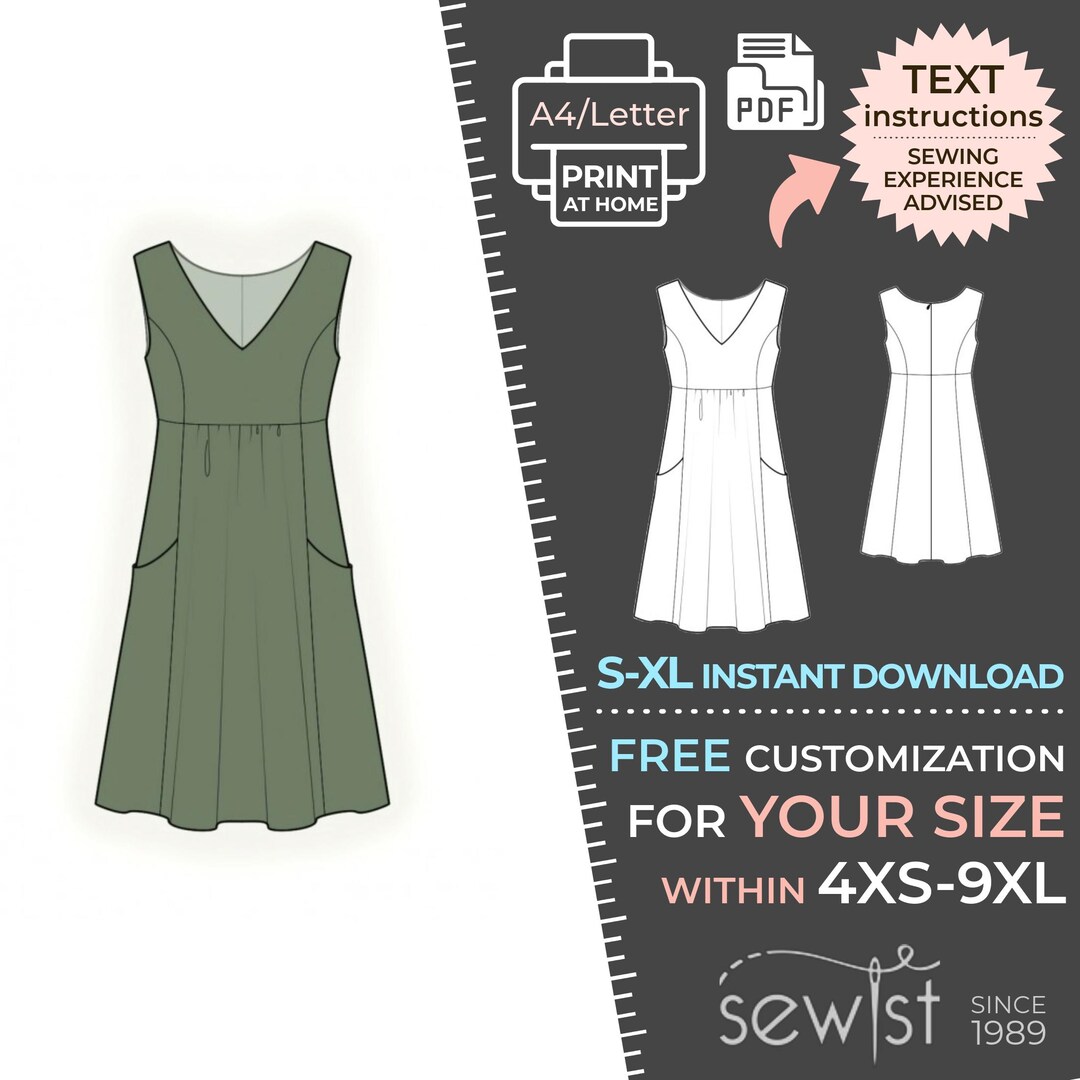 4916 Women's Dress Sewing Pattern PDF - S,M,L,XL / Custom Size ...