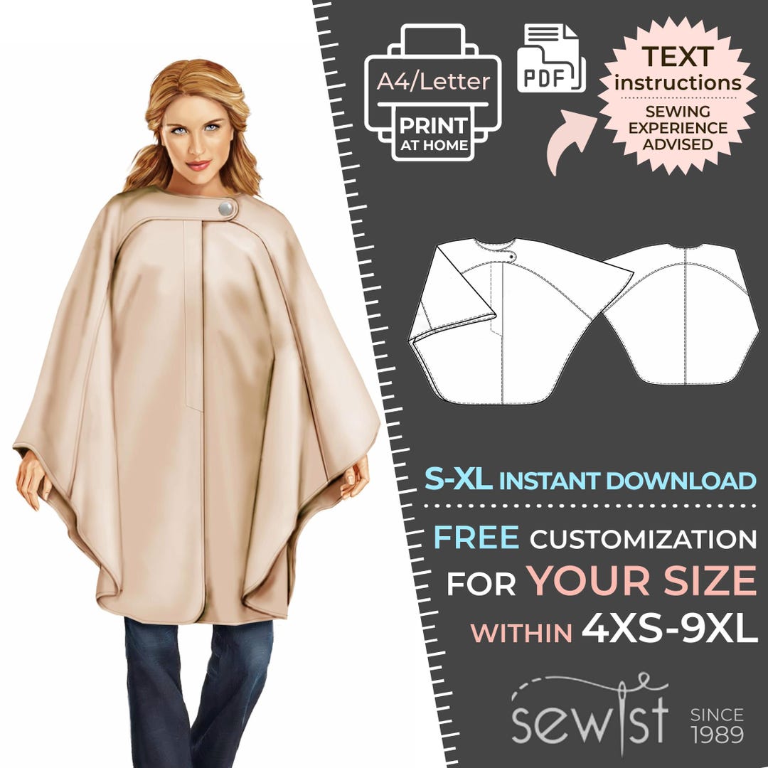 5732 Poncho Sewing Pattern PDF - S-M-L-XL or Made to Measure Sewing ...