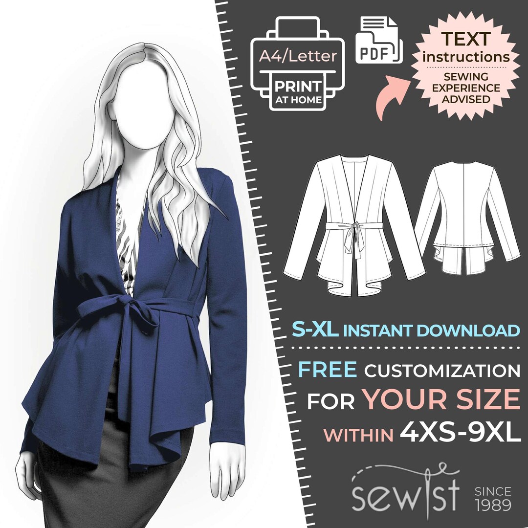 4163 Jacket Sewing Pattern PDF Download, S-M-L-XL or Free Made to ...
