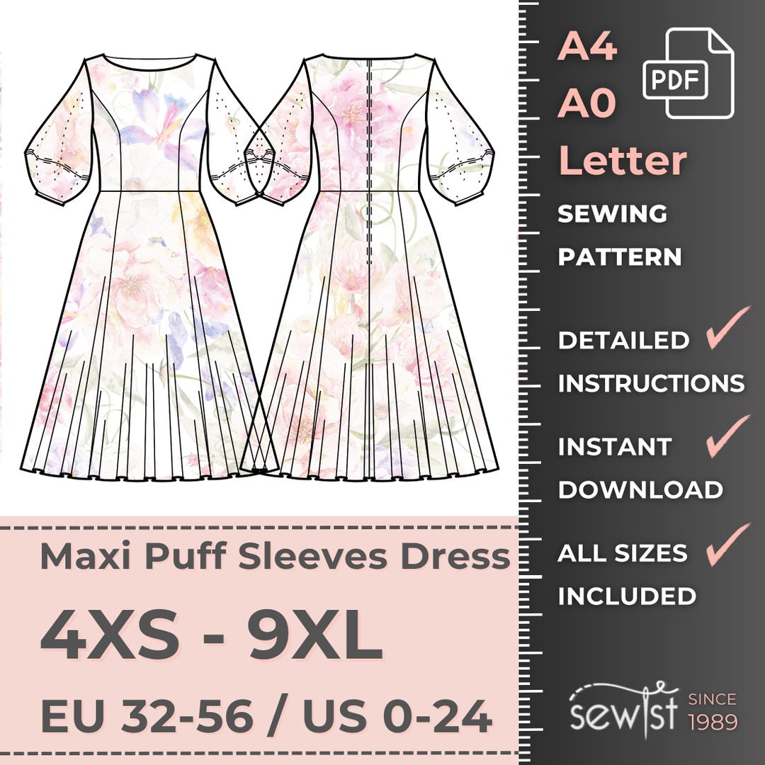 Maxi Puff Sleeves Dress, Women Dress Sewing Pattern, Sizes 4XS-9XL ...
