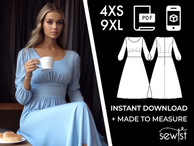 Women's Long Dress Sewing Pattern PDF - 4XS-9XL / Custom Size - Elegant ...