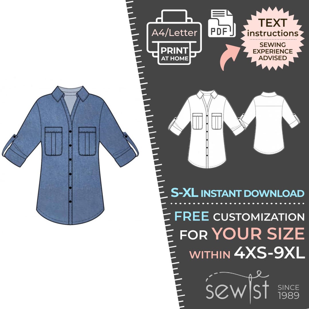 2391 Denim Shirt Sewing Pattern PDF Download, S-M-L-XL or Free Made to ...