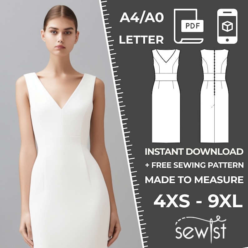 Women's Long Tailored Dress Sewing Pattern PDF - 4xs-9xl/custom Size ...
