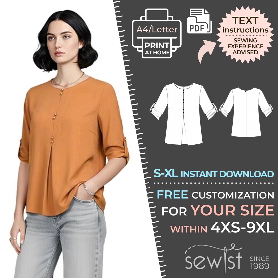2067 Blouse With Pleat Sewing Pattern PDF- S-M-L-XL or Made to Measure ...