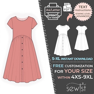 2107 Women's Dress Sewing Pattern PDF - S,M,L,XL / Custom Size ...