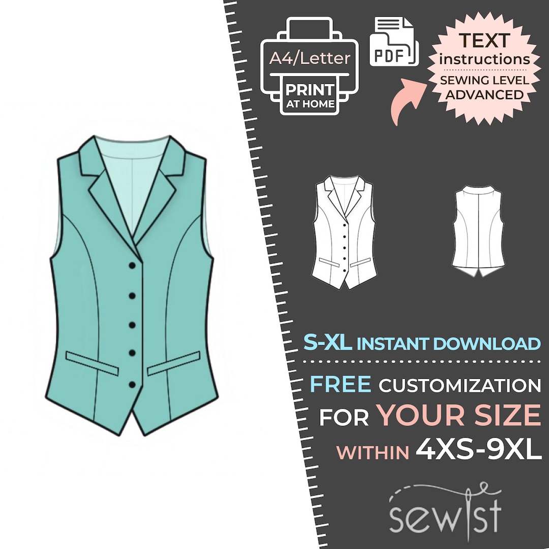 2091 Waistcoat Sewing Pattern PDF Download, S-M-L-XL or Free Made to ...