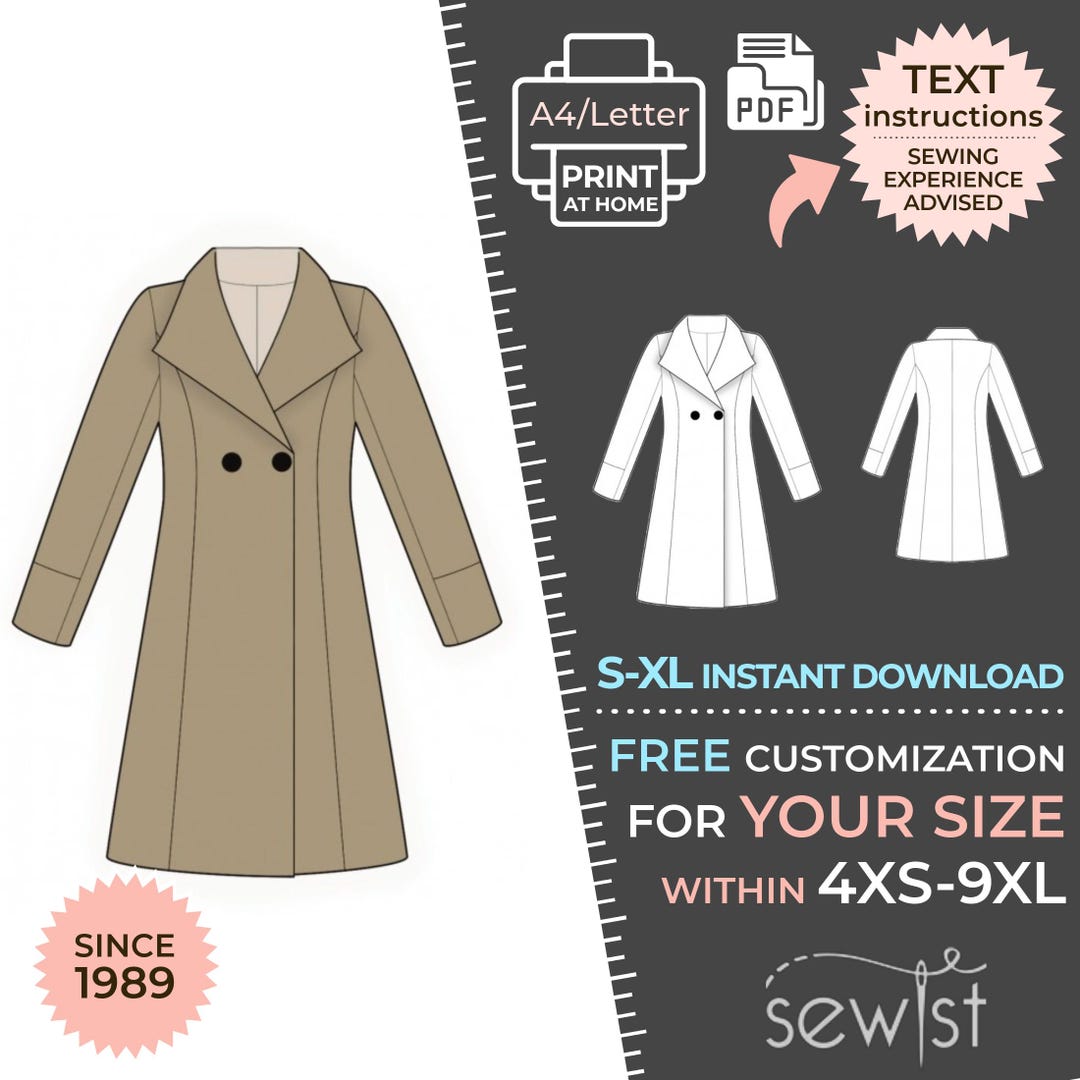 2177 Women's Coat Sewing Pattern PDF - S,M,L,XL / Custom Size - Elegant ...