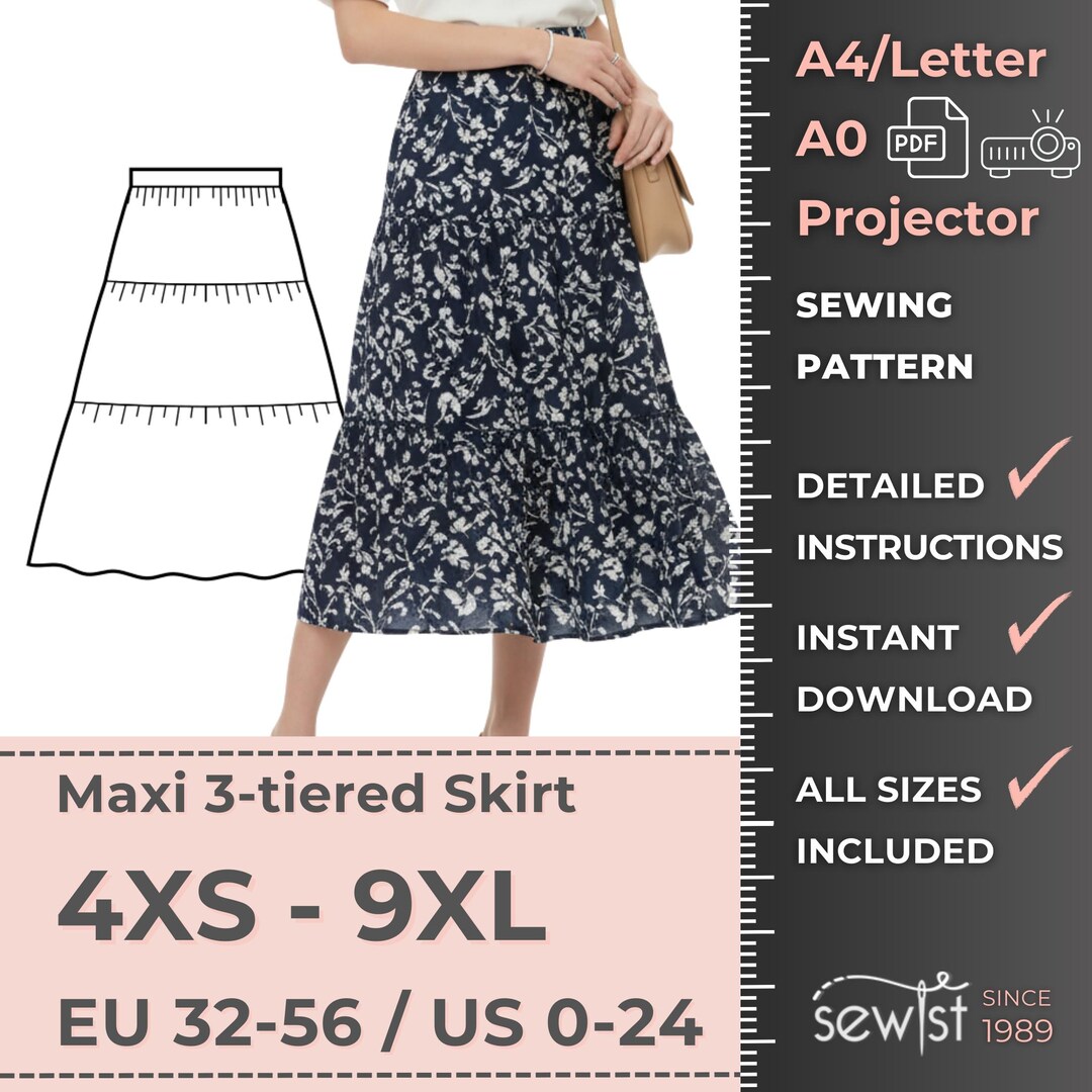 Maxi 3-tiered Skirt, Women Skirt Sewing Pattern,sizes 4XS-9XL Instant ...