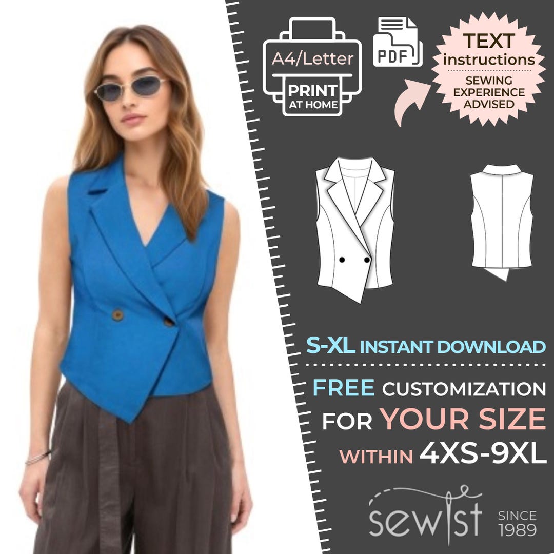 2813 Asymmetrical Vest - Sewing Pattern PDF - S-M-L-XL or Made to ...
