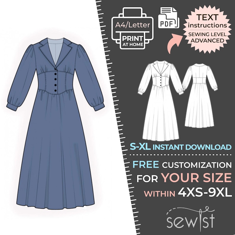 2114 Women's Dress Sewing Pattern PDF - S,M,L,XL / Custom Size ...