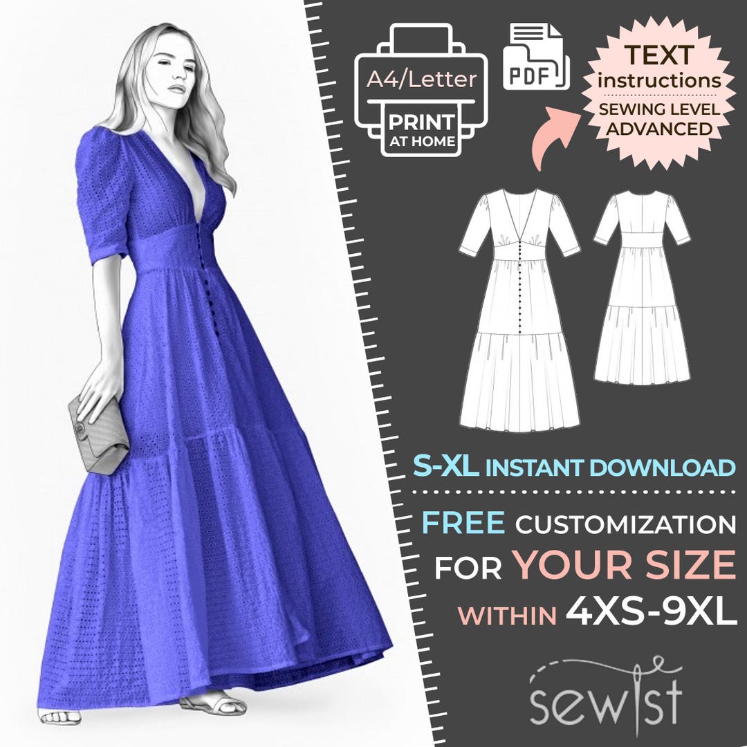 2124 Women's Dress Sewing Pattern PDF - S,M,L,XL / Custom Size ...
