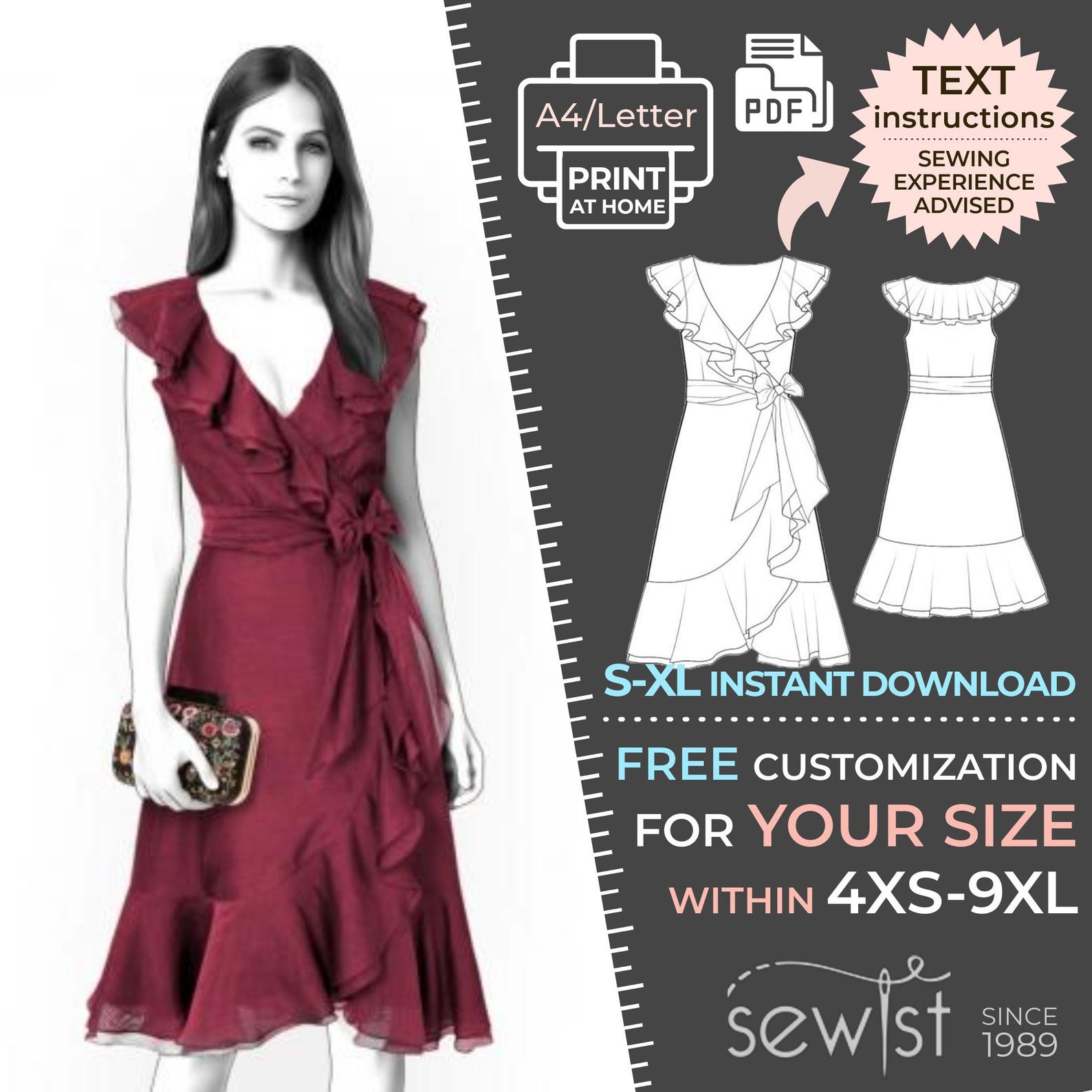 4488 Women's Dress Sewing Pattern PDF - S,M,L,XL / Custom Size ...