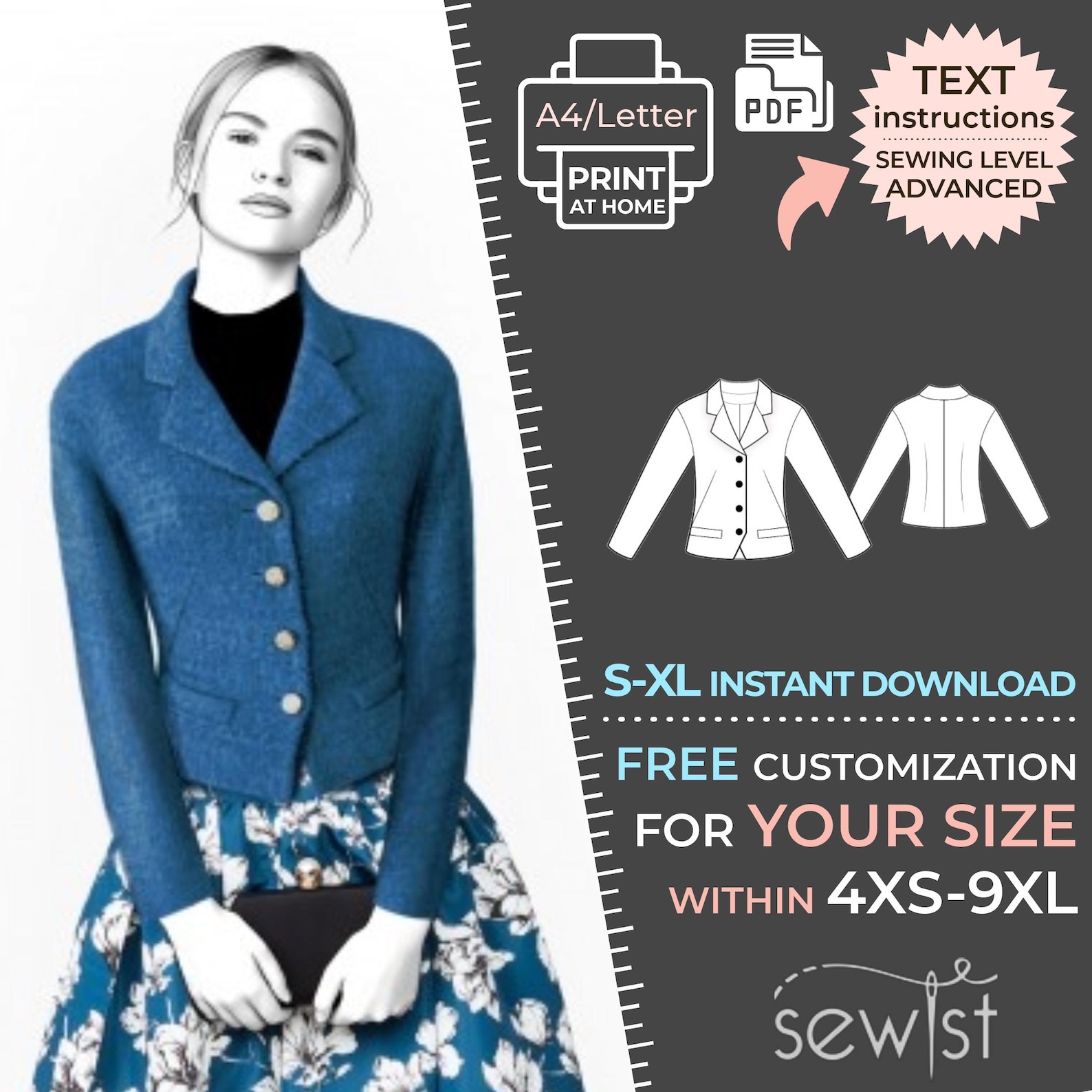 2070 Jacket With Drop Shoulders Sewing Pattern PDF - S-M-L-XL or Made ...