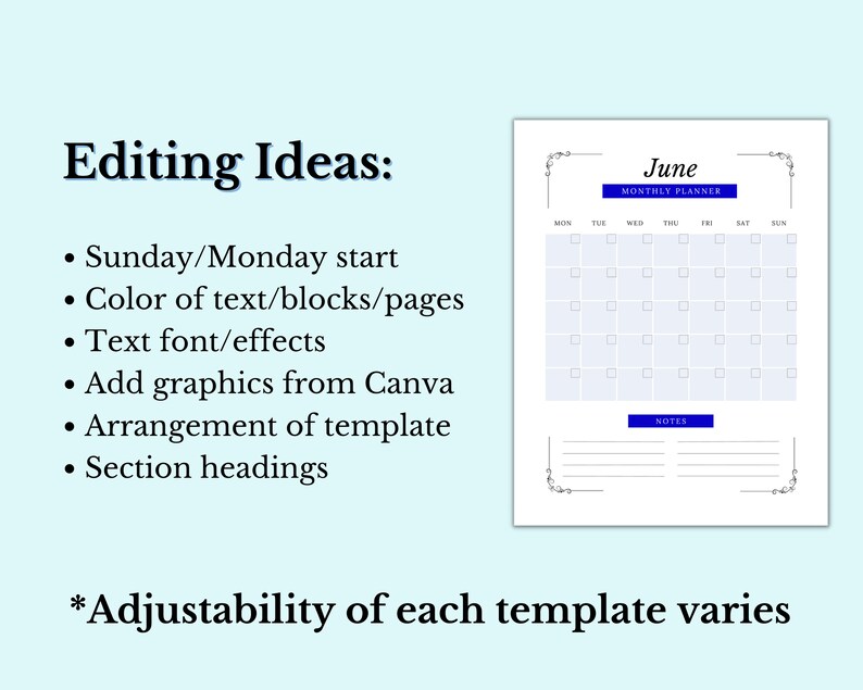 EDITABLE Calendar Planner Template Canva Template Digital Printable ...