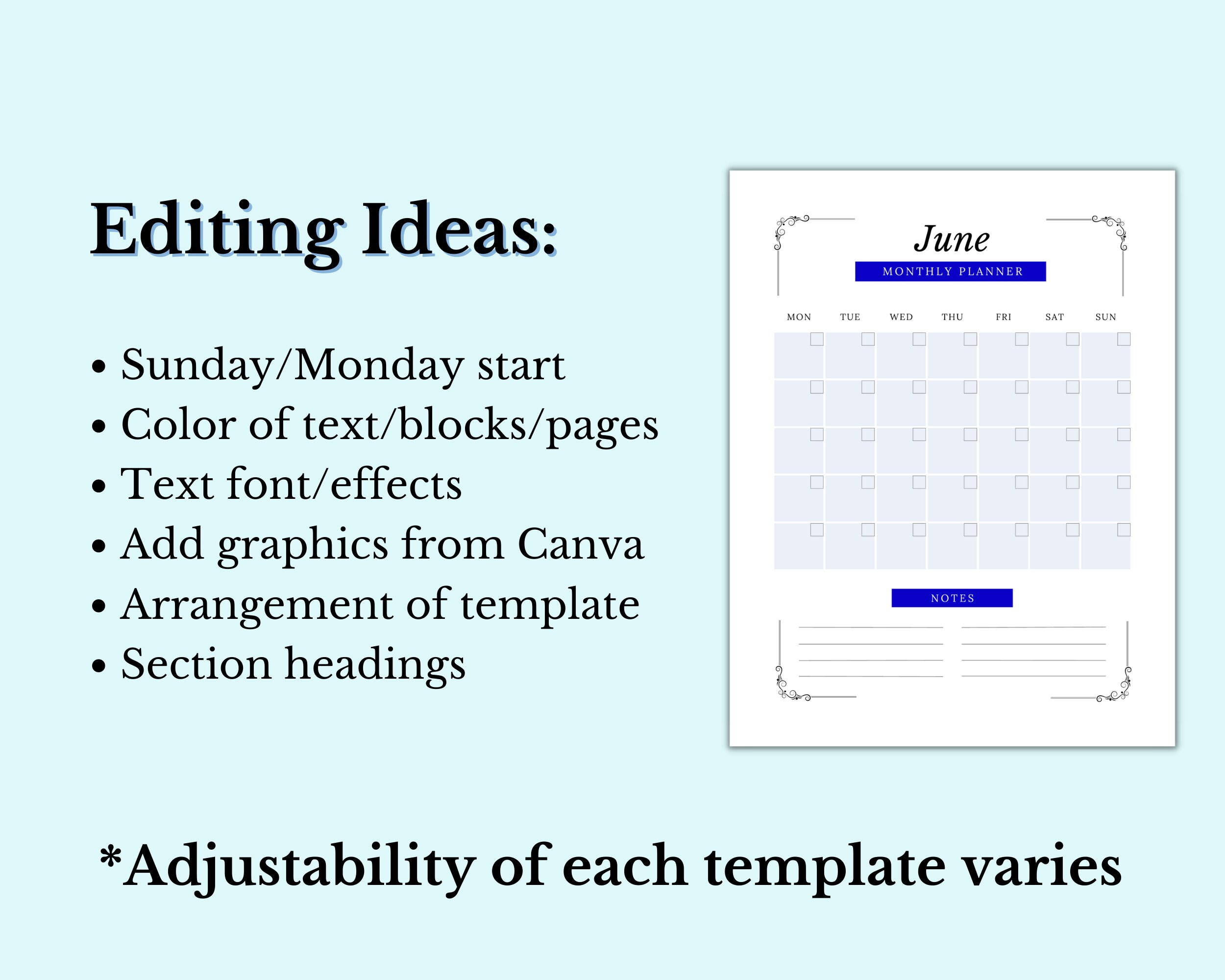 EDITABLE Calendar Planner Template Canva Template Digital Printable ...