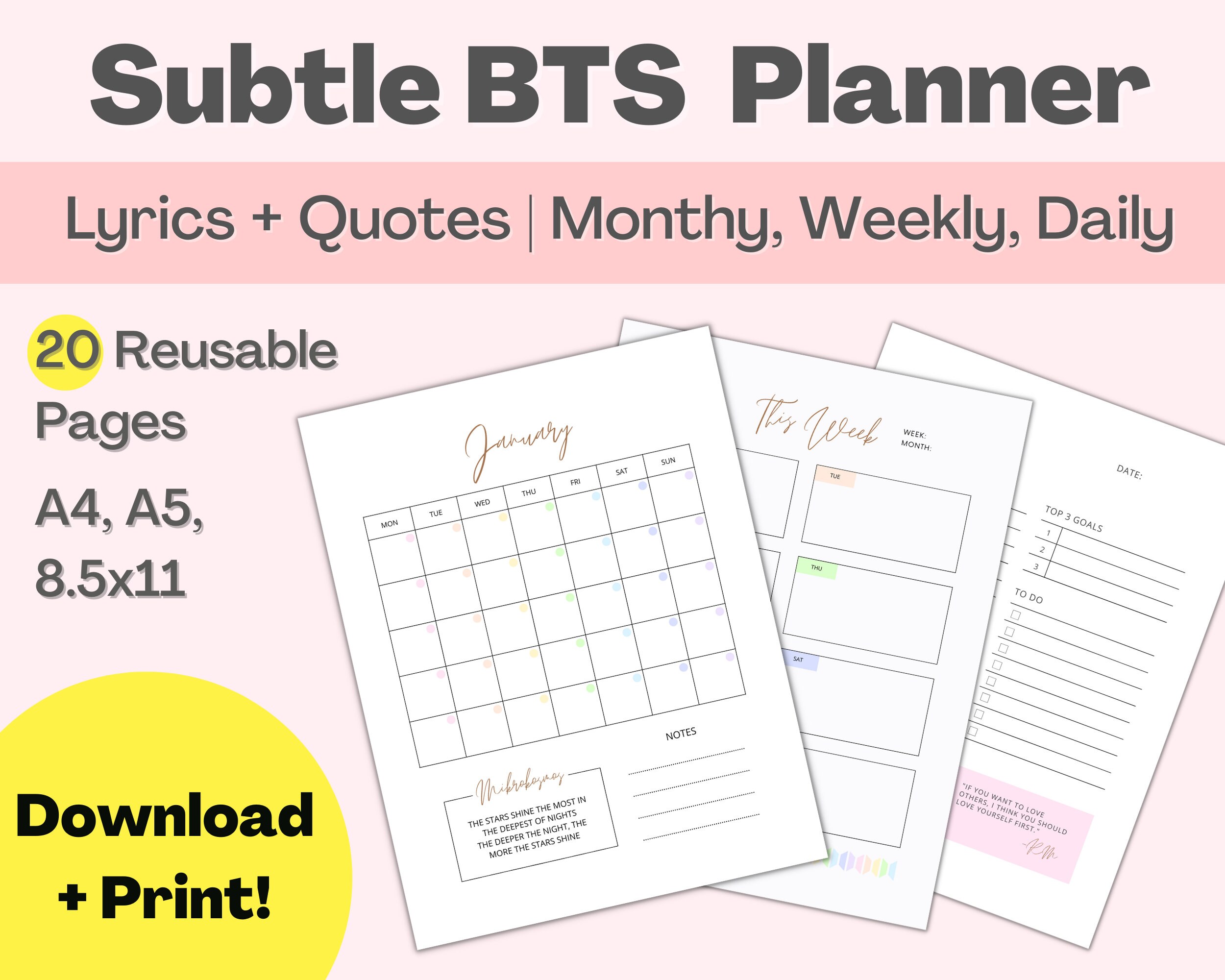 BTS Planner BTS Quotes BTS Lyrics Monthly Calendar Weekly Daily Planner ...